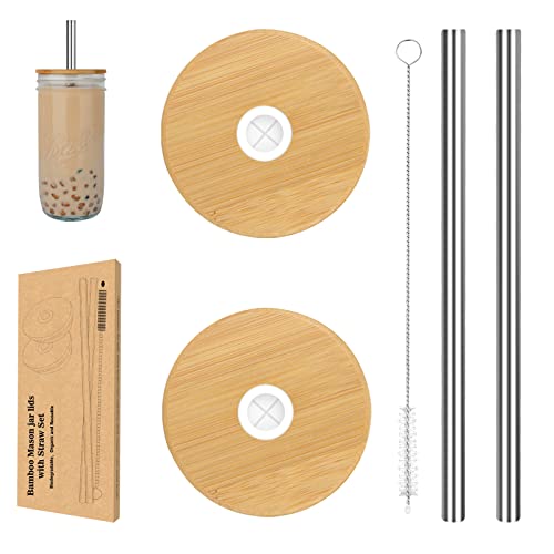 Tronco Bamboo Lids with Stainless Steel Straws, 2 Reusable Lids for Wide Mouth Tumblers, Includes 2 Straws and 1 Straw Brush