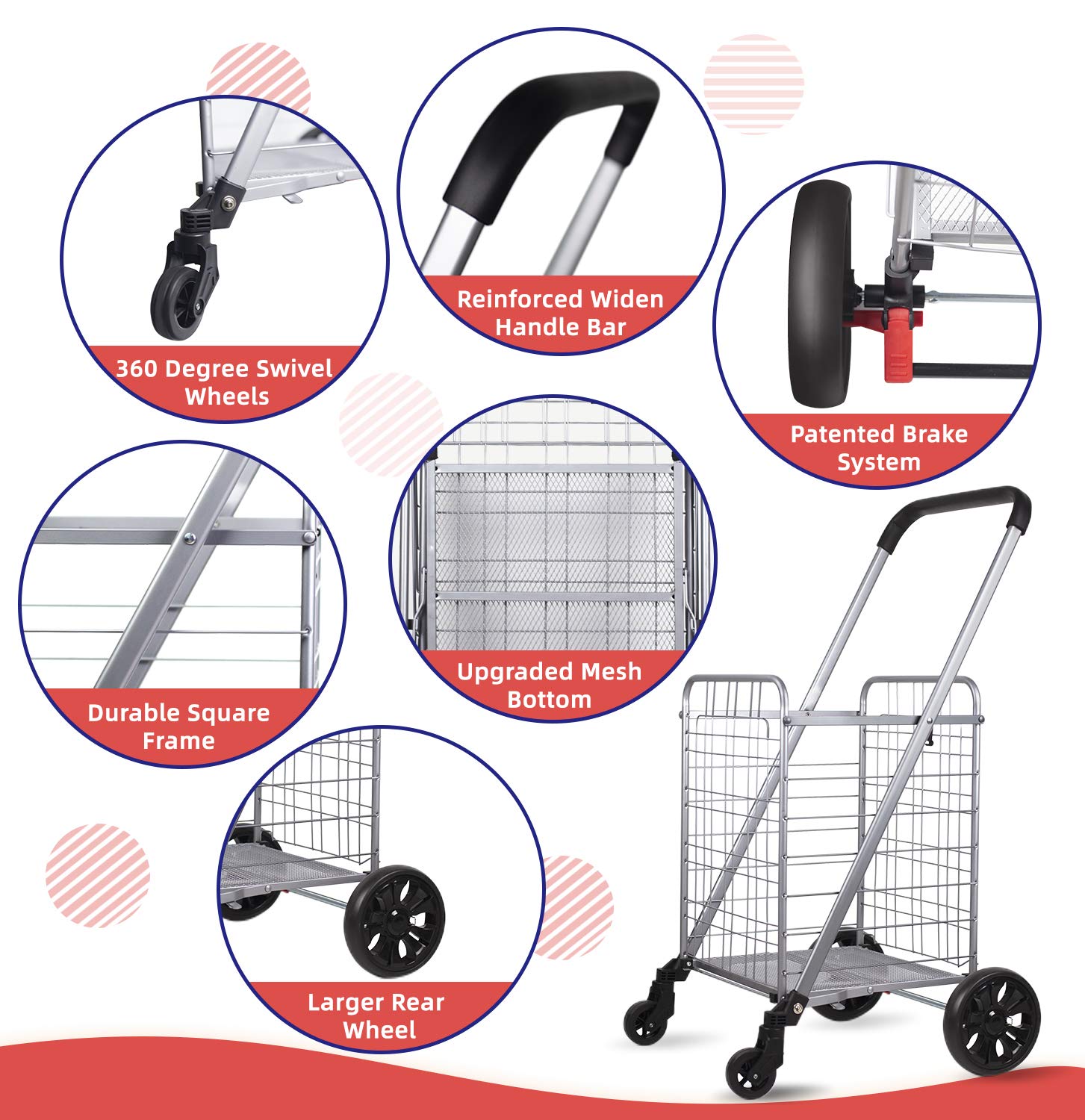 OmniRolls Grocery Shopping Cart with Swivel Wheels, Folding Shopping Cart with Wide Cushion Handle, Mesh Bottom and Brake System, Silve,