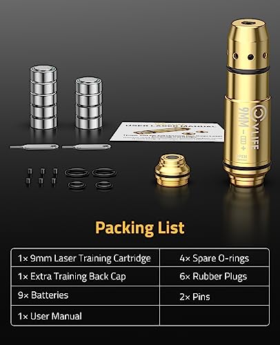 CVLIFE 9mm Laser Training Cartridge with 9 Batteries for Dry Fire Training, Including Extra Training Back Cap, Rubber Plugs and Spare O-Rings
