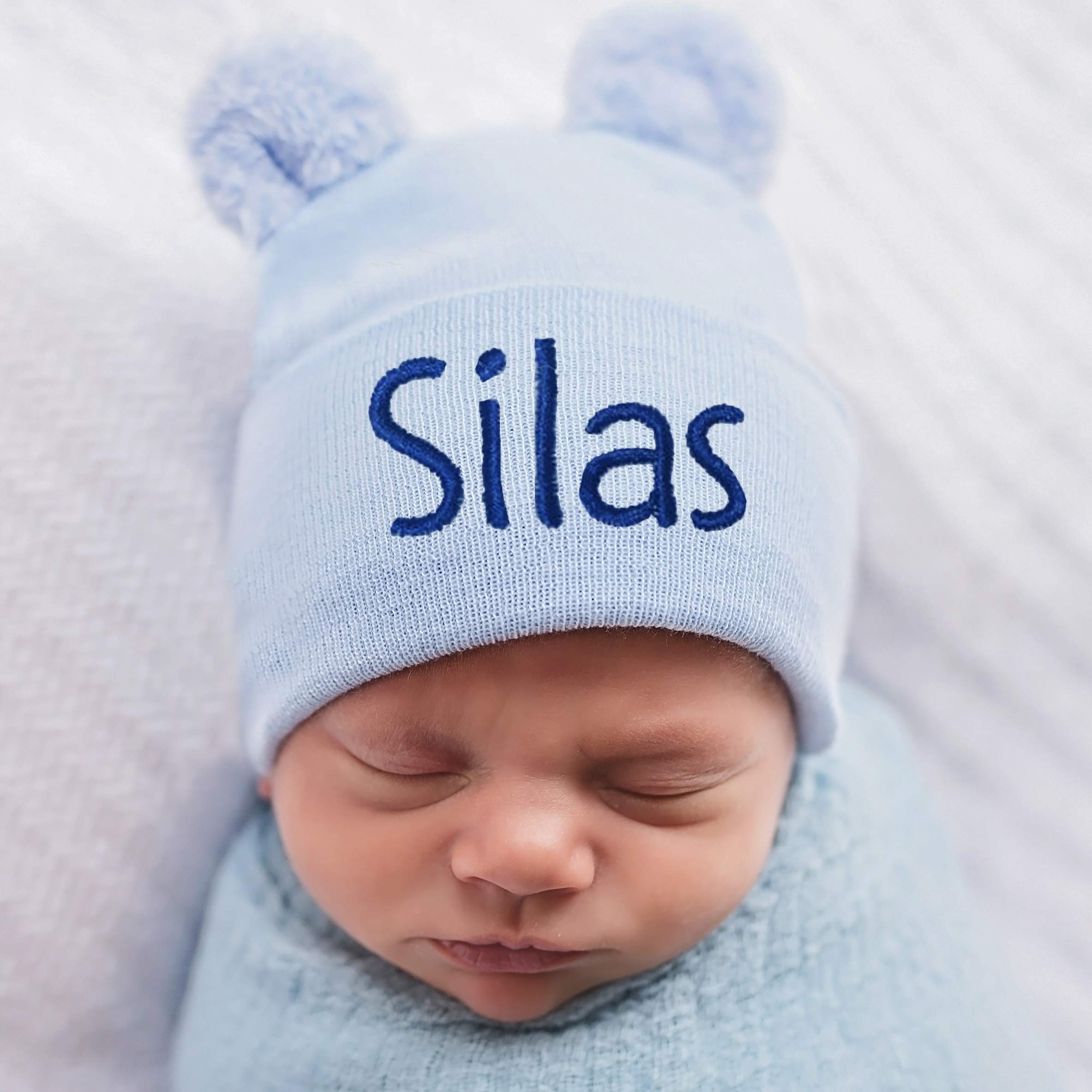 Melondipity Baby Hospital Hat with Ears โ Personalized & Customizable Beanie Caps for Infants, Boys - Soft, Stretchy & 2-Ply Fabric - Head Wraps for Newborn โ Blue
