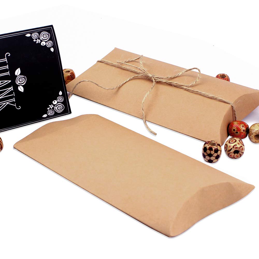 CEWOR Kraft Pillow Box 50pcs, 6.3×3.7 Inches Gift Boxes with 100 Feet Jute Twines, Paper Gift Box for Jewelry, Candy Gift Packaging, Wedding Present and Birthday Party Favor