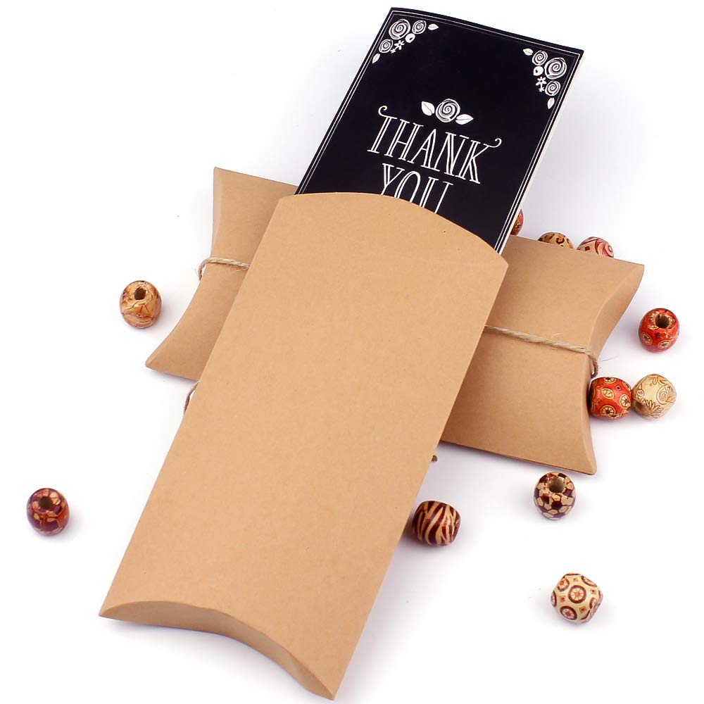CEWOR Kraft Pillow Box 50pcs, 6.3×3.7 Inches Gift Boxes with 100 Feet Jute Twines, Paper Gift Box for Jewelry, Candy Gift Packaging, Wedding Present and Birthday Party Favor