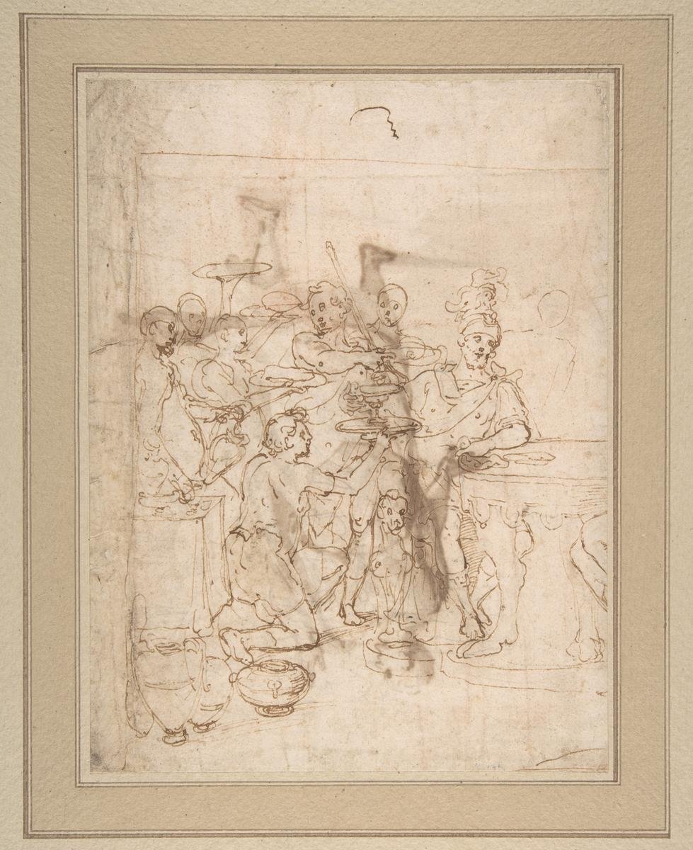 Art Print : Cesare Nebbia - Banquet Scene: A Seated Warrior Attended by a Number of Servants (Recto); Back View of a Standing Man in a Long Cloak (Verso) : Vintage Wall Décor : 08in x 10in