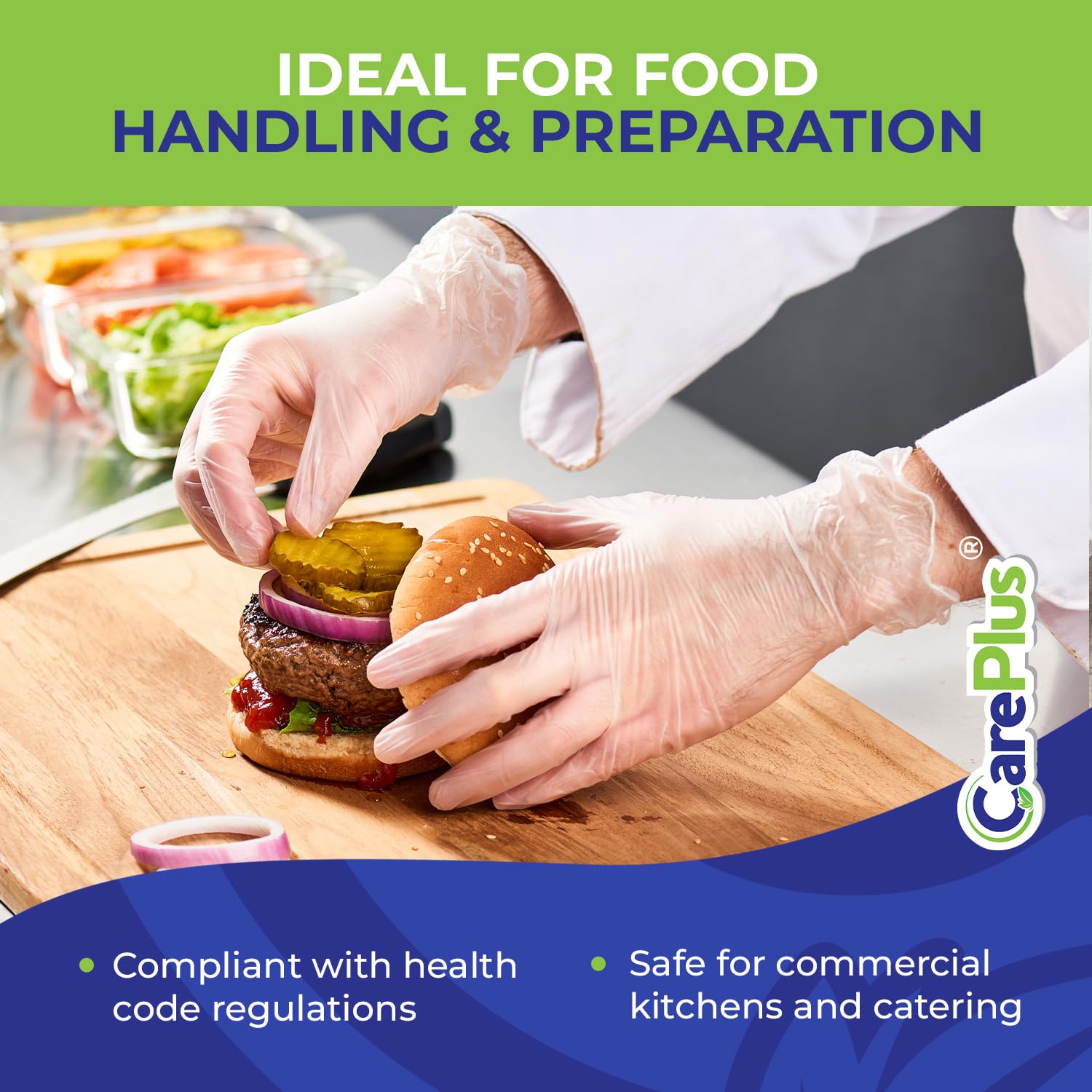 Care Plus Disposable Vinyl Gloves Medium Size| Heavy Duty | Non Sterile | Powder Free | Latex Free Rubber | 100 Count Box |food Safe