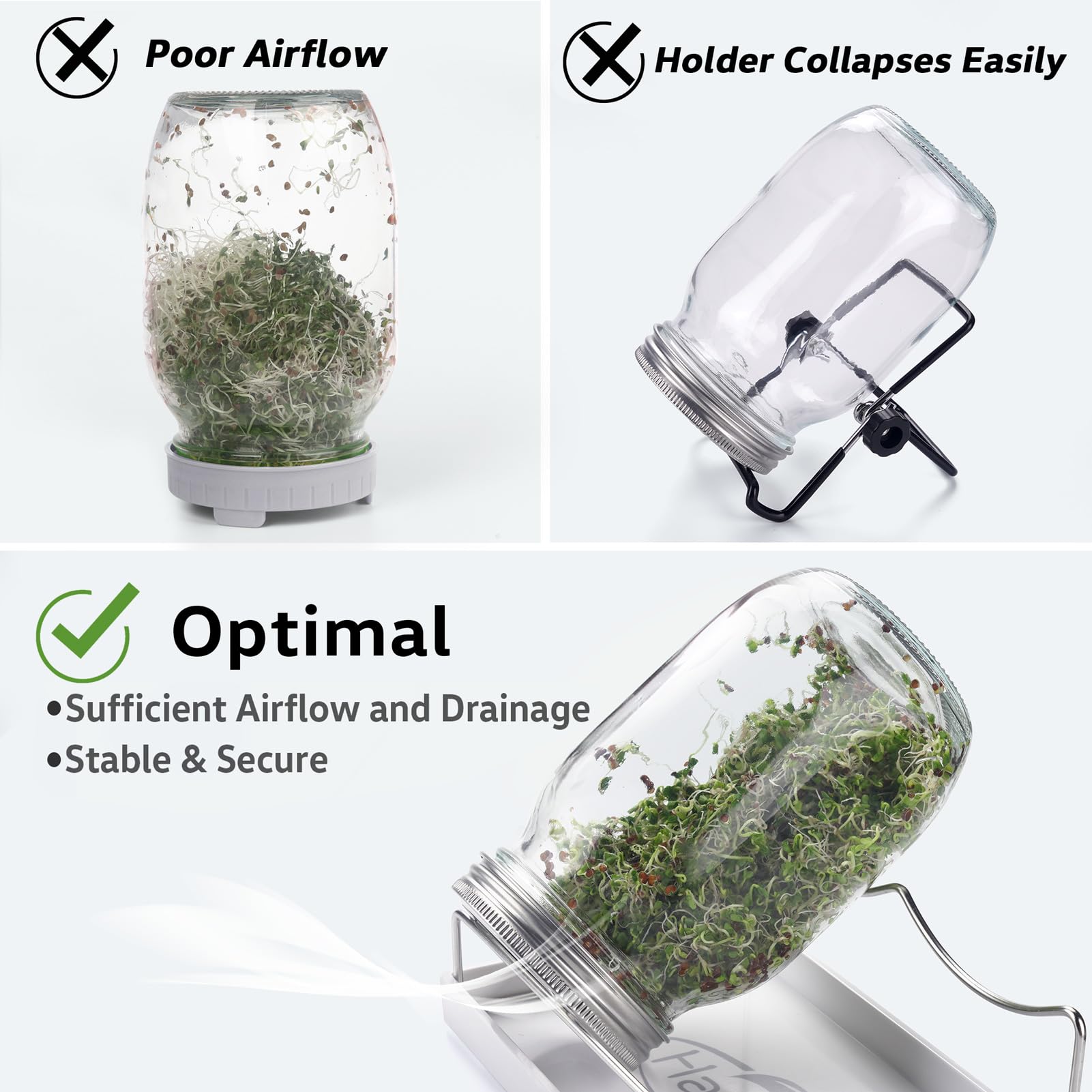 Complete Sprouting Jar Kit- 2 Wide Mouth Mason Jars with Premium 316 Stainless Steel Screen Lids, Blackout Sleeves,Tray, Stand - Seed Sprouter Set for Growing Broccoli, Alfalfa, Salad, Sandwich