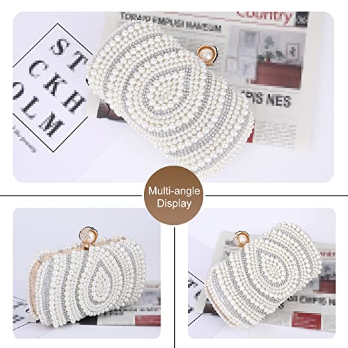 UONIFANS Womens Evening Bags Artificial Pearl Clutch Purse Shiny Rhinestones Handbag for Wedding Party Prom Women Bag (White)