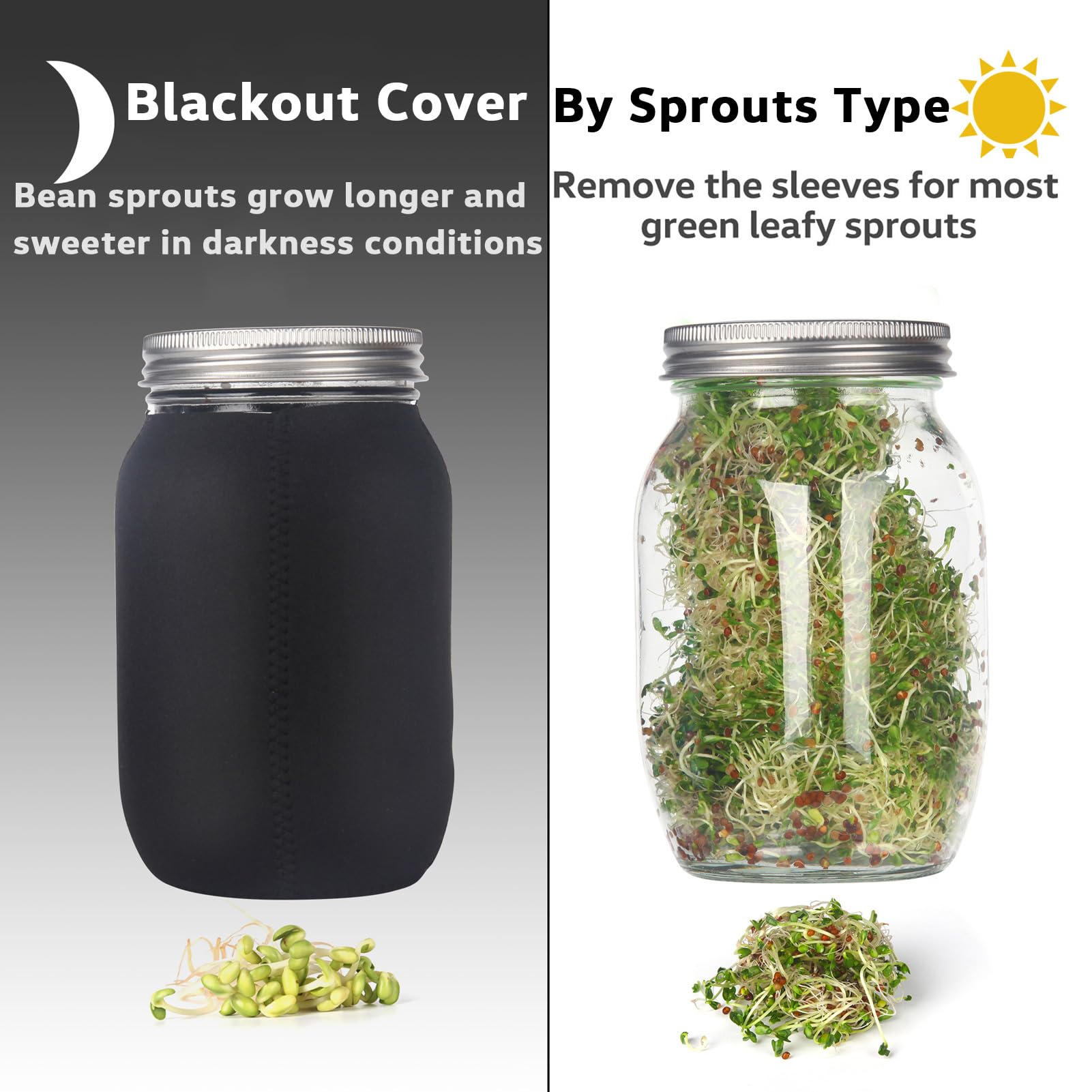 Complete Sprouting Jar Kit- 2 Wide Mouth Mason Jars with Premium 316 Stainless Steel Screen Lids, Blackout Sleeves,Tray, Stand - Seed Sprouter Set for Growing Broccoli, Alfalfa, Salad, Sandwich