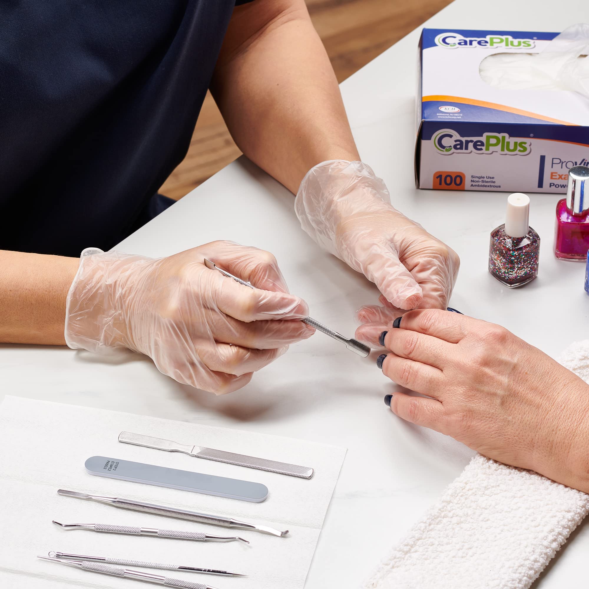 Care Plus Disposable Vinyl Gloves Medium Size| Heavy Duty | Non Sterile | Powder Free | Latex Free Rubber | 100 Count Box |food Safe