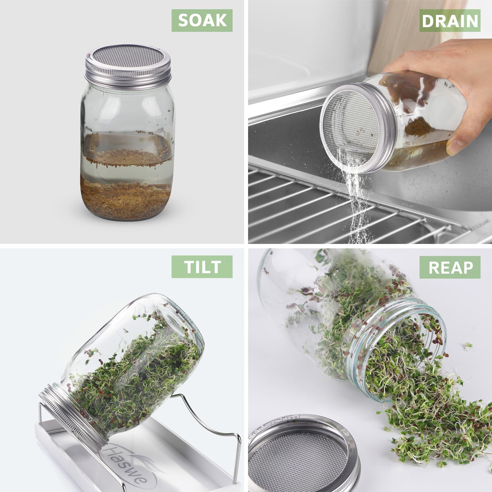 Complete Sprouting Jar Kit- 2 Wide Mouth Mason Jars with Premium 316 Stainless Steel Screen Lids, Blackout Sleeves,Tray, Stand - Seed Sprouter Set for Growing Broccoli, Alfalfa, Salad, Sandwich