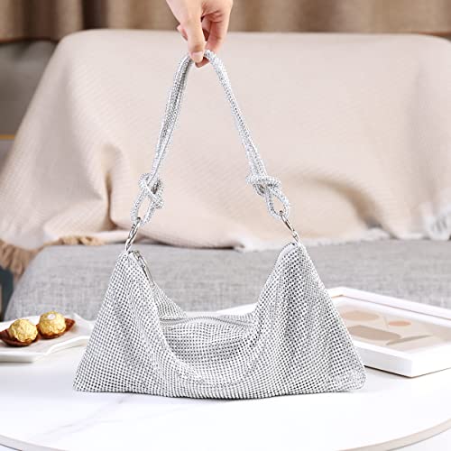 Autumnwell Rhinestone Purse Sparkly Bag Silver Diamond Purses for Women Evening Prom Rhinestone Handbag Hobo Bag