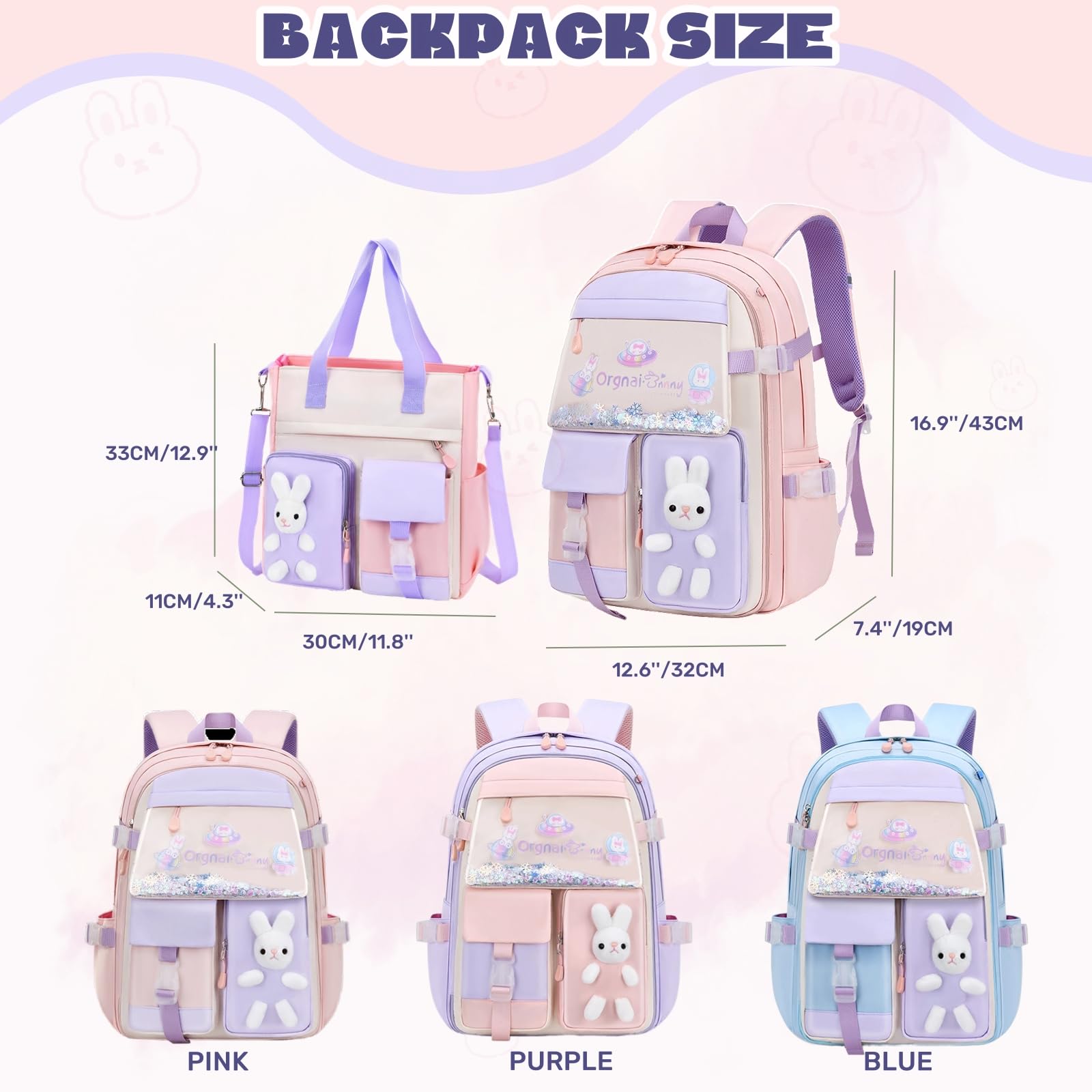 Kawaii Backpack for School Girls Bunny Backpack Kids Casual Bookbag Cute Outdoor Daypack
