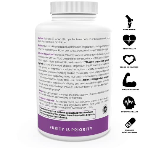 Optimum Magnesium - 240 Delayed Release Veg Caps | 250mg Elemental TRAACS Magnesium Lysyl Glycinate Chelate & Albion DiMagnesium Malate | Formulated for Enhanced Absorption | Non GMO | Lab Tested