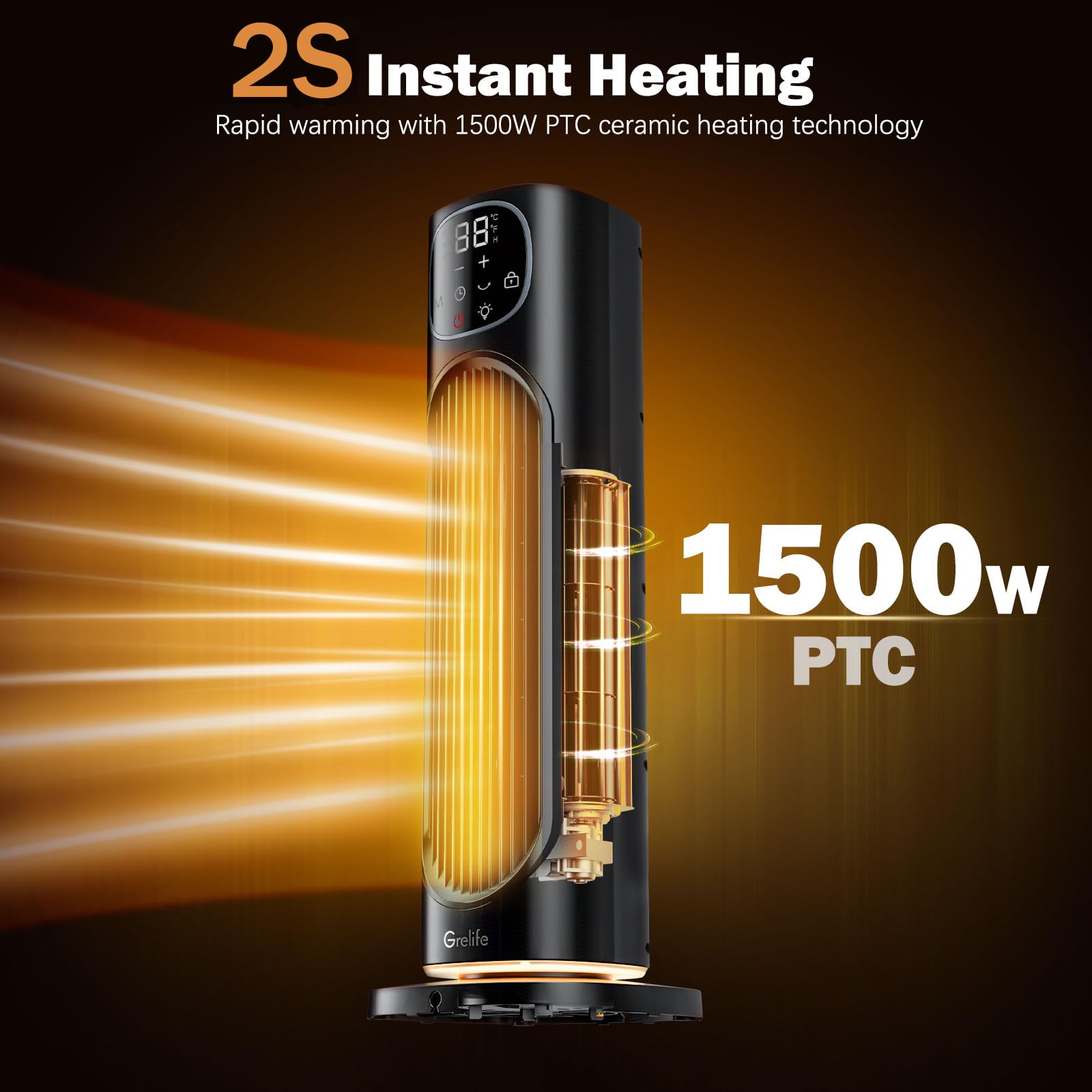 Grelife Space Heater, Quiet Electric Heater with Night Light, Remote, 75° Oscillation, Safety Protection, ECO Mode, 12H Timer, Thermostat, 1500W Portable Heater for Indoor Use, Office, Home, 24Inch
