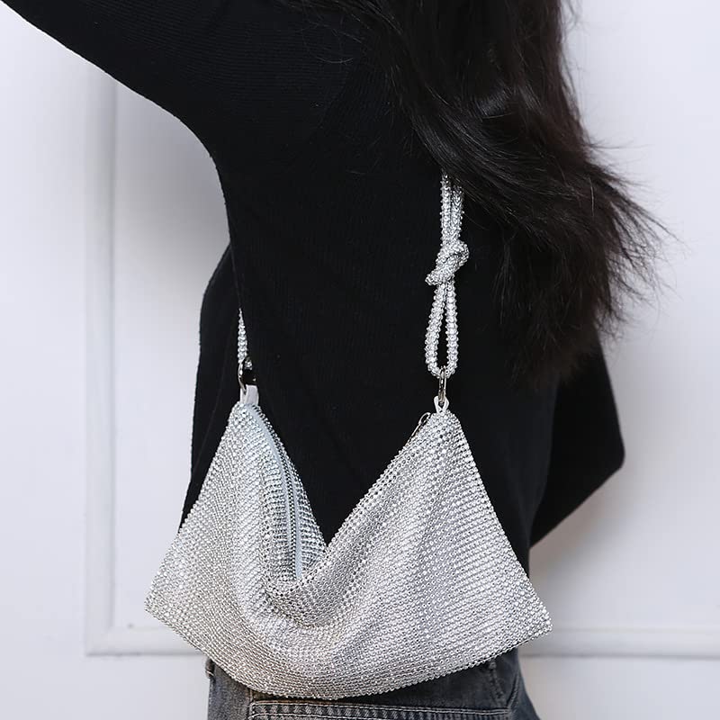 Autumnwell Rhinestone Purse Sparkly Bag Silver Diamond Purses for Women Evening Prom Rhinestone Handbag Hobo Bag