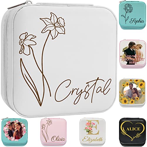 SIMIEEK Personalized Birth Flower Travel Jewelry Box Case for Women Leater Custom Name Birth Flower Jewelry Box for Teen Girls Gift
