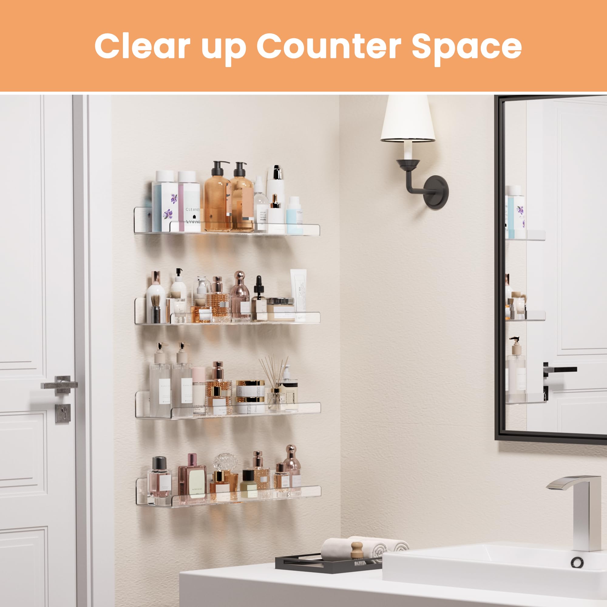 upsimples Clear Acrylic Shelves for Wall Storage, 15" Acrylic Floating Shelves Wall Mounted, Kids Bookshelf, Display Ledge Wall Shelves for Bedroom, Living Room, Bathroom, Kitchen, Set of 4