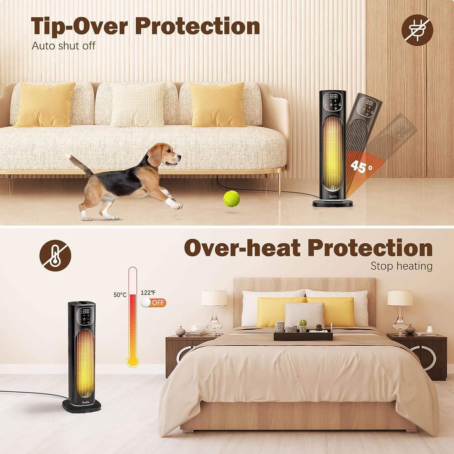 Grelife Space Heater, Quiet Electric Heater with Night Light, Remote, 75° Oscillation, Safety Protection, ECO Mode, 12H Timer, Thermostat, 1500W Portable Heater for Indoor Use, Office, Home, 24Inch
