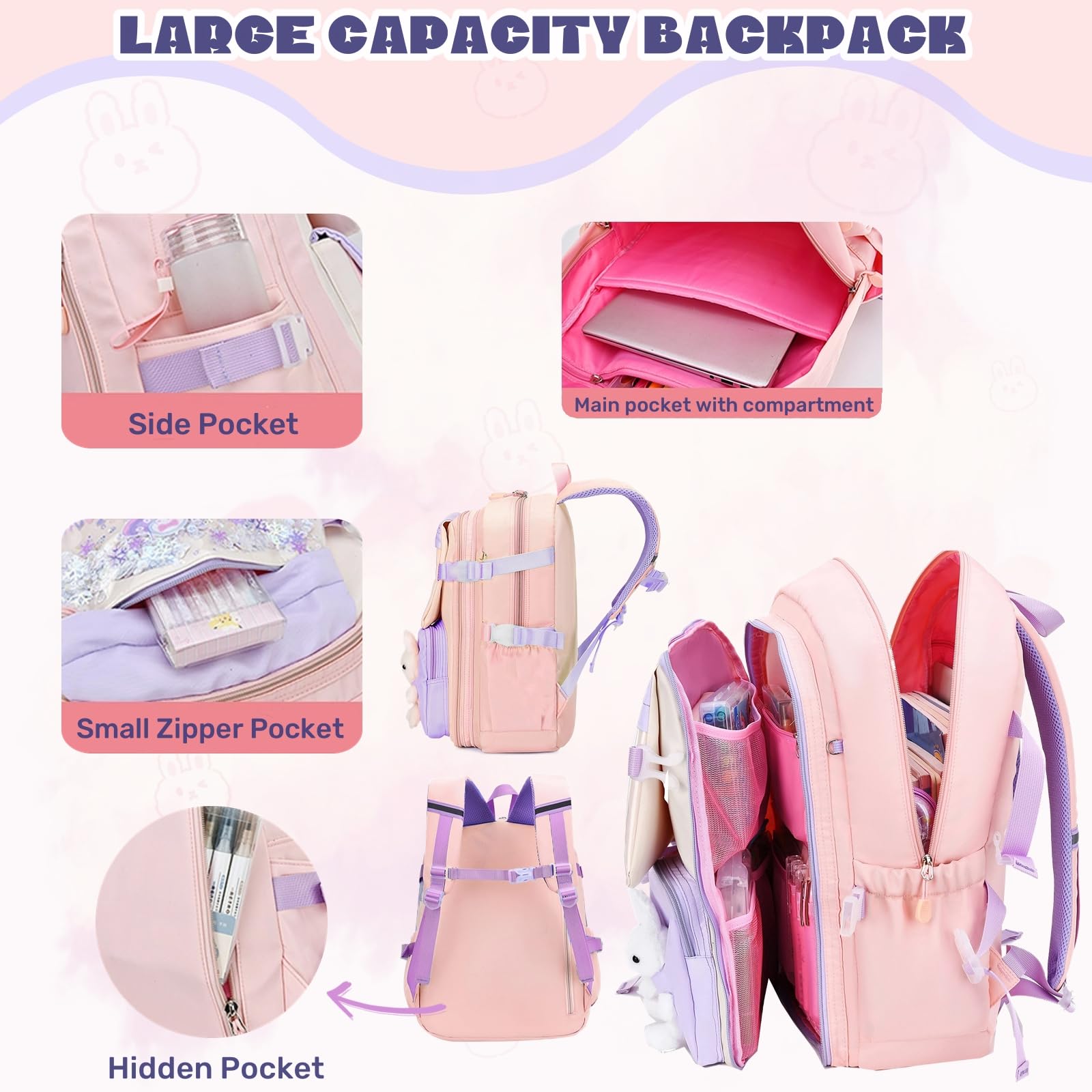 Kawaii Backpack for School Girls Bunny Backpack Kids Casual Bookbag Cute Outdoor Daypack