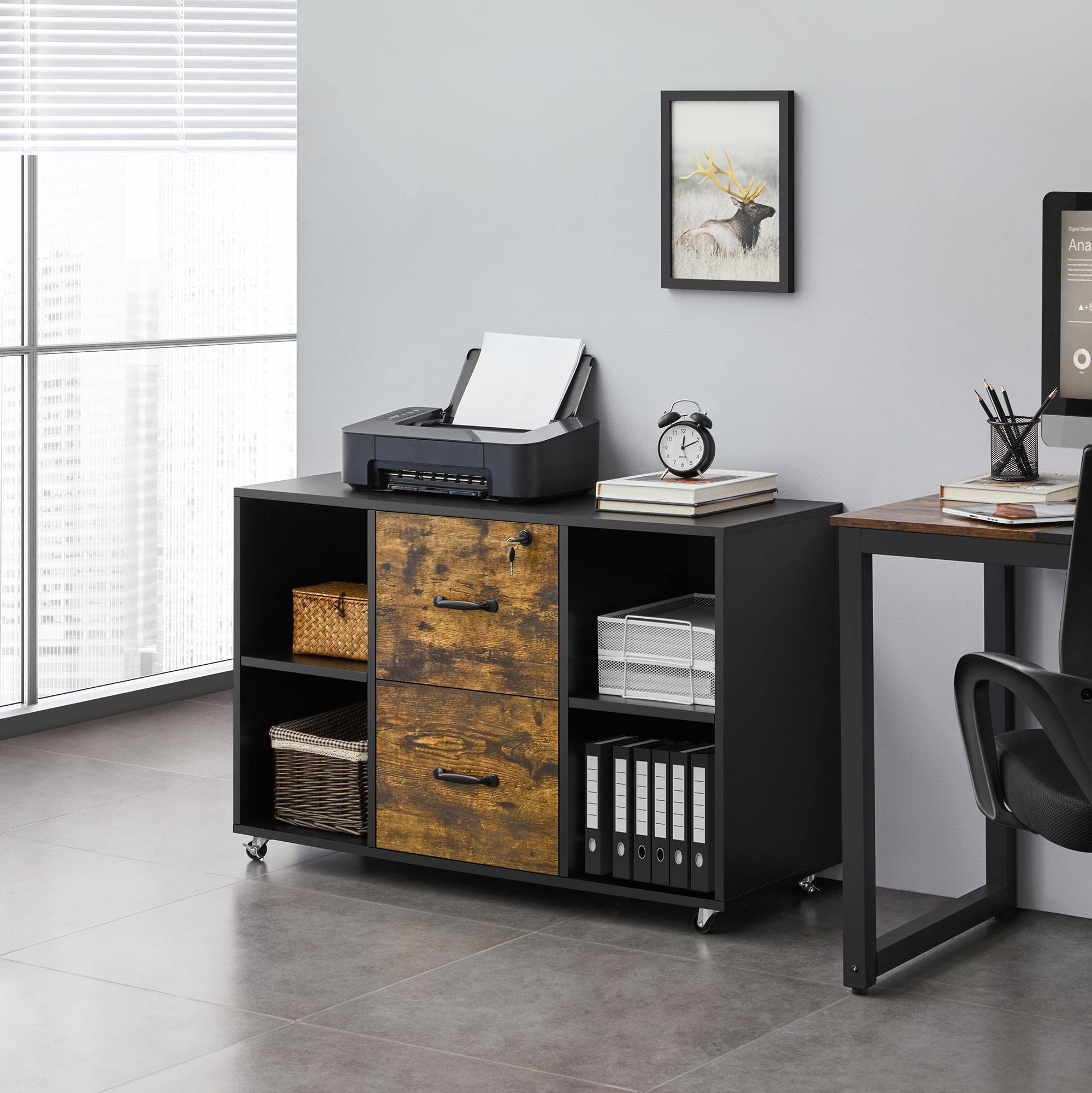 Yaheetech Mobile File Cabinet with 2 Drawer and 4 Open Compartments, Storage Lateral Filing Cabinet for Letter Size A4 Size, Printer Stand for Home Office, Black& Rustic Brown