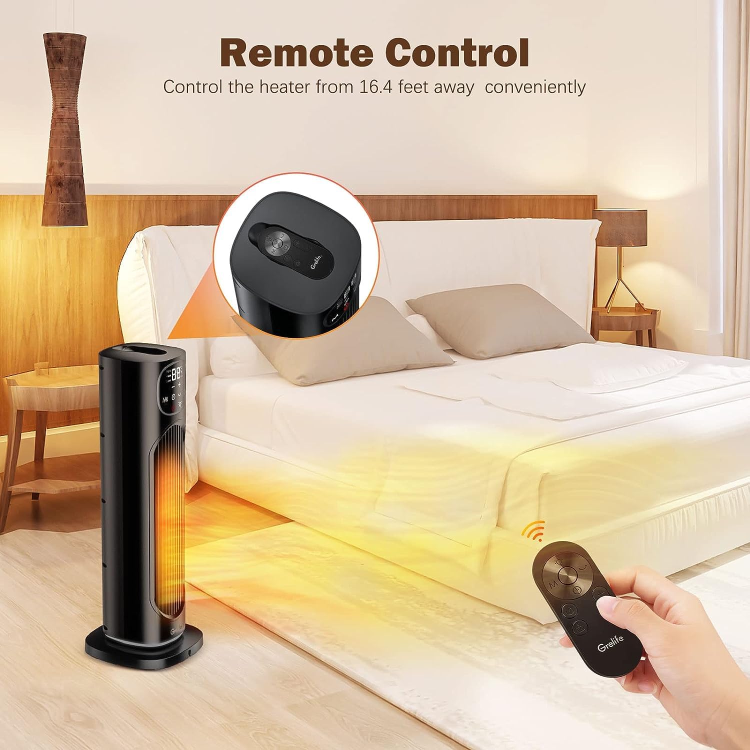 Grelife Space Heater, Quiet Electric Heater with Night Light, Remote, 75° Oscillation, Safety Protection, ECO Mode, 12H Timer, Thermostat, 1500W Portable Heater for Indoor Use, Office, Home, 24Inch