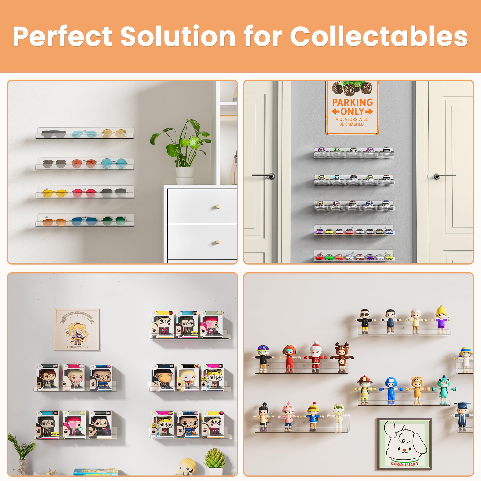 upsimples Clear Acrylic Shelves for Wall Storage, 15" Acrylic Floating Shelves Wall Mounted, Kids Bookshelf, Display Ledge Wall Shelves for Bedroom, Living Room, Bathroom, Kitchen, Set of 4