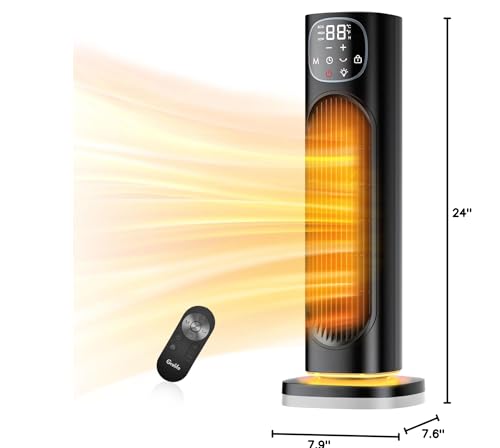 Grelife Space Heater, Quiet Electric Heater with Night Light, Remote, 75° Oscillation, Safety Protection, ECO Mode, 12H Timer, Thermostat, 1500W Portable Heater for Indoor Use, Office, Home, 24Inch