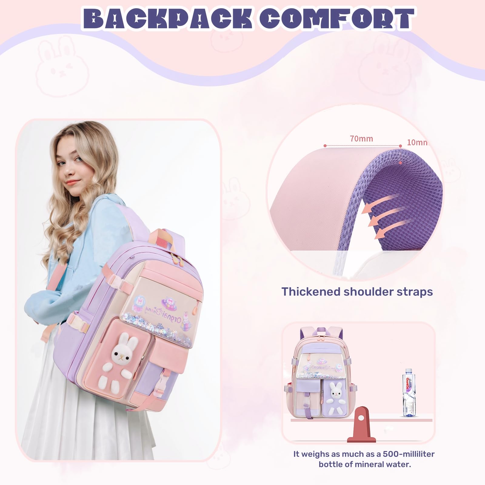 Kawaii Backpack for School Girls Bunny Backpack Kids Casual Bookbag Cute Outdoor Daypack