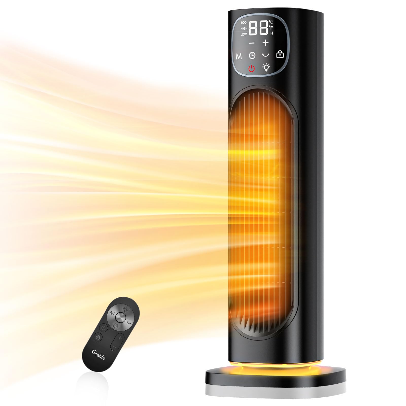 Grelife Space Heater, Quiet Electric Heater with Night Light, Remote, 75° Oscillation, Safety Protection, ECO Mode, 12H Timer, Thermostat, 1500W Portable Heater for Indoor Use, Office, Home, 24Inch