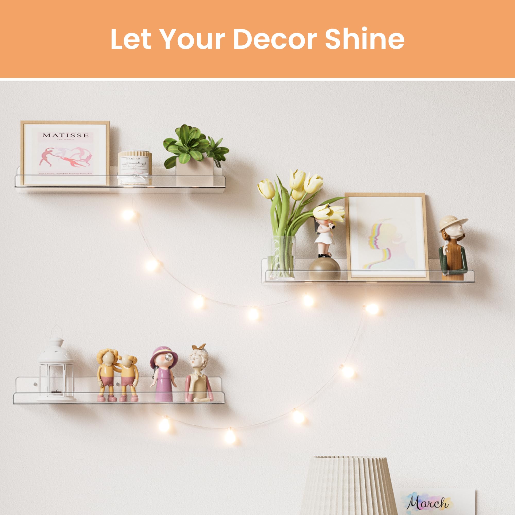 upsimples Clear Acrylic Shelves for Wall Storage, 15" Acrylic Floating Shelves Wall Mounted, Kids Bookshelf, Display Ledge Wall Shelves for Bedroom, Living Room, Bathroom, Kitchen, Set of 4