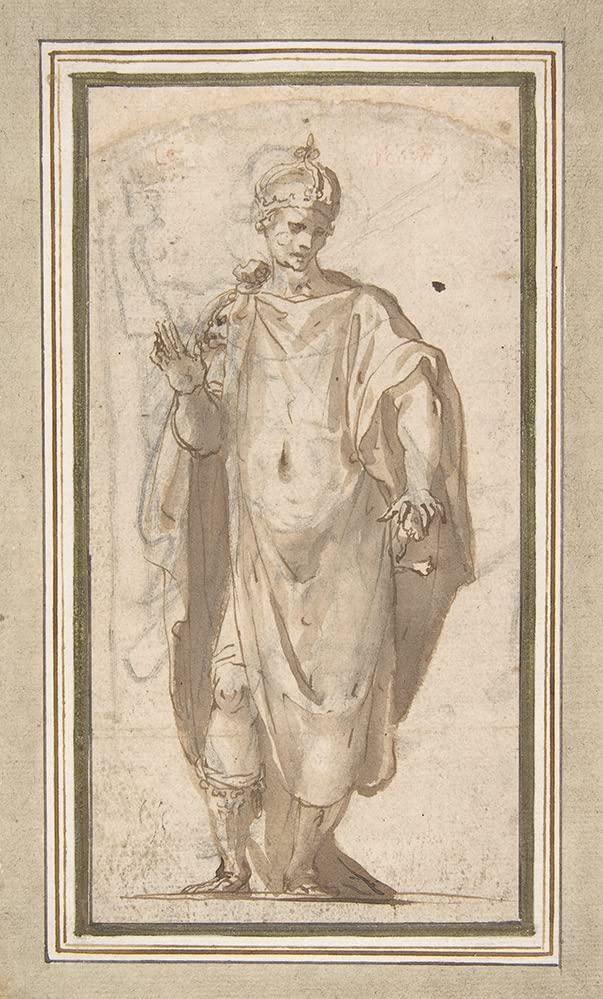 ArtDirect Cesare Nebbia 12x18 Black Modern Frame and Double Matted Museum Art Print Titled - Standing Figure of a Warrior King (1536-1614)