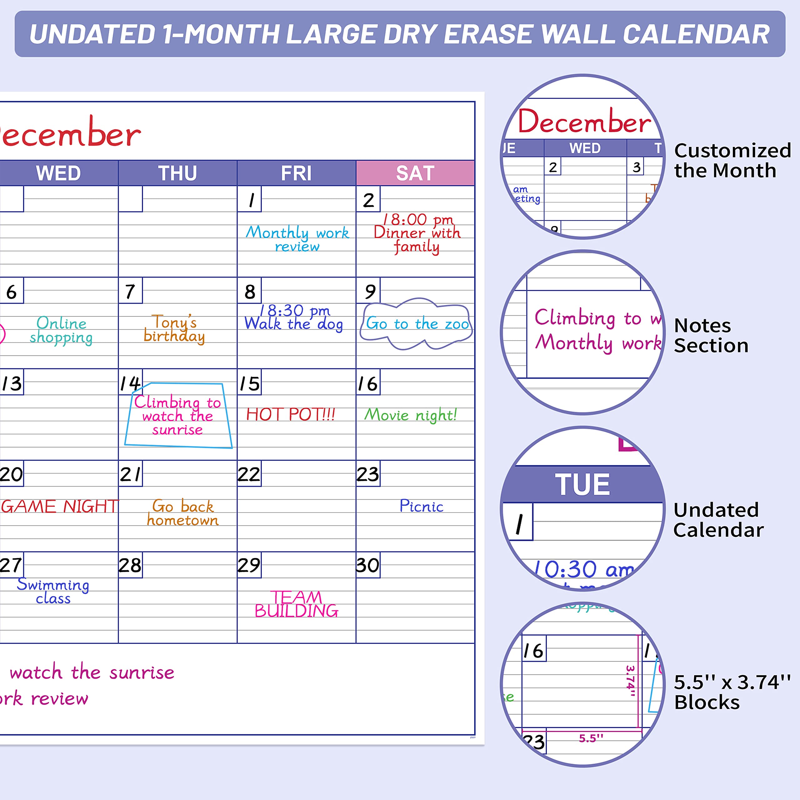 Large Dry Erase Calendar for Wall - Undated 1 Month Wall Calendar, 40" x 30", Erasable & Reusable Laminated White Board Calendar with 8 Round Stickers, Great Layout Wall Calendar Dry Erase for Home, Office and School