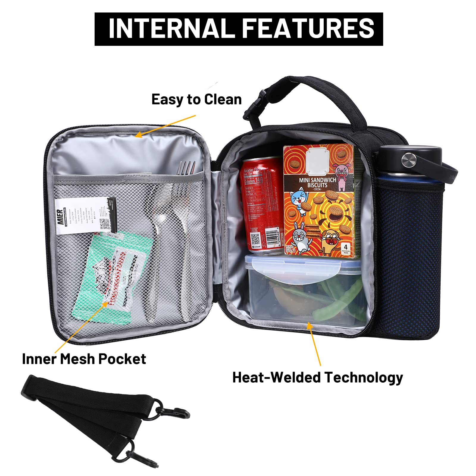 MIER Insulated Lunch Box Bag Expandable Lunch Pack for Men, Women, Without Water Bottle Holder, Black