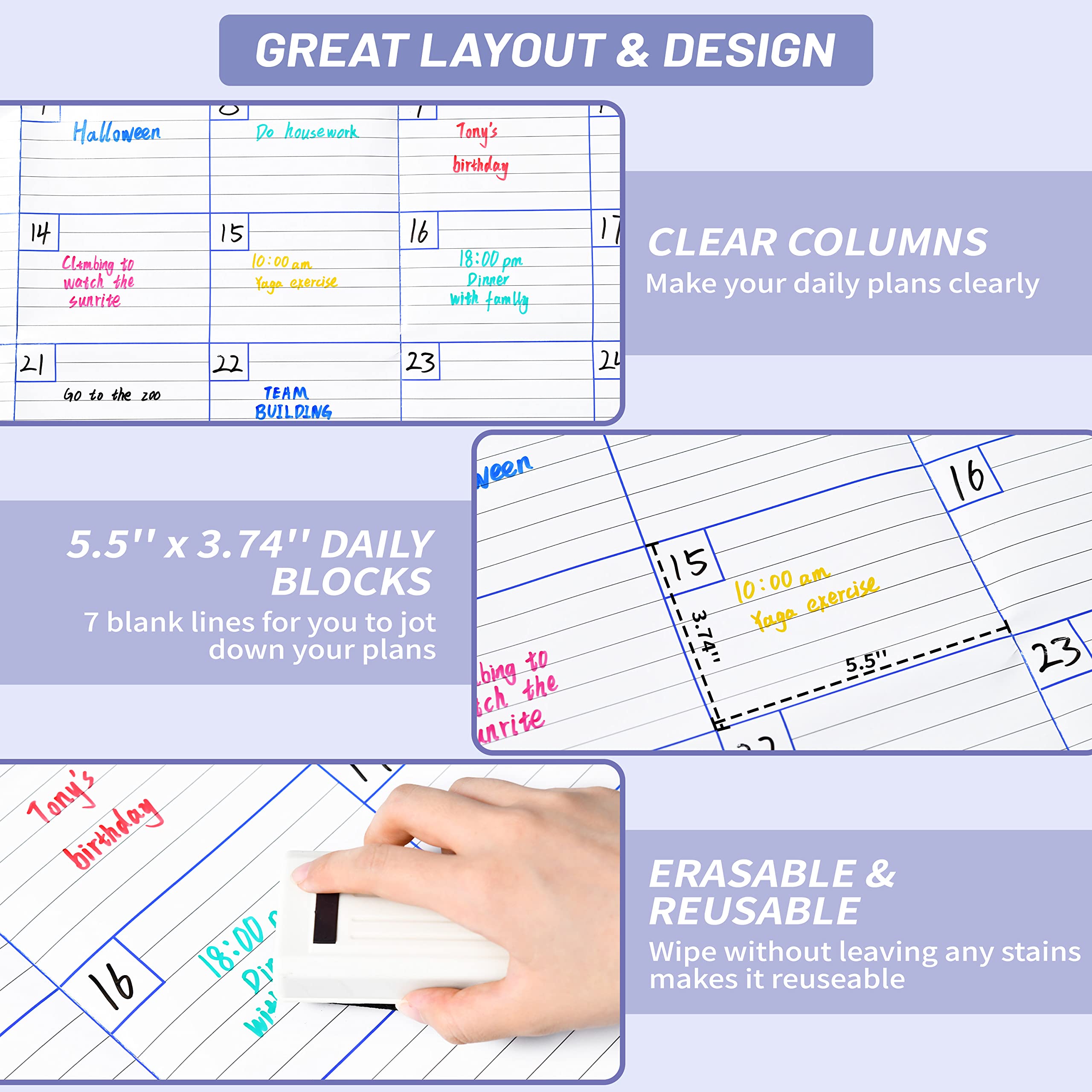 Large Dry Erase Calendar for Wall - Undated 1 Month Wall Calendar, 40" x 30", Erasable & Reusable Laminated White Board Calendar with 8 Round Stickers, Great Layout Wall Calendar Dry Erase for Home, Office and School