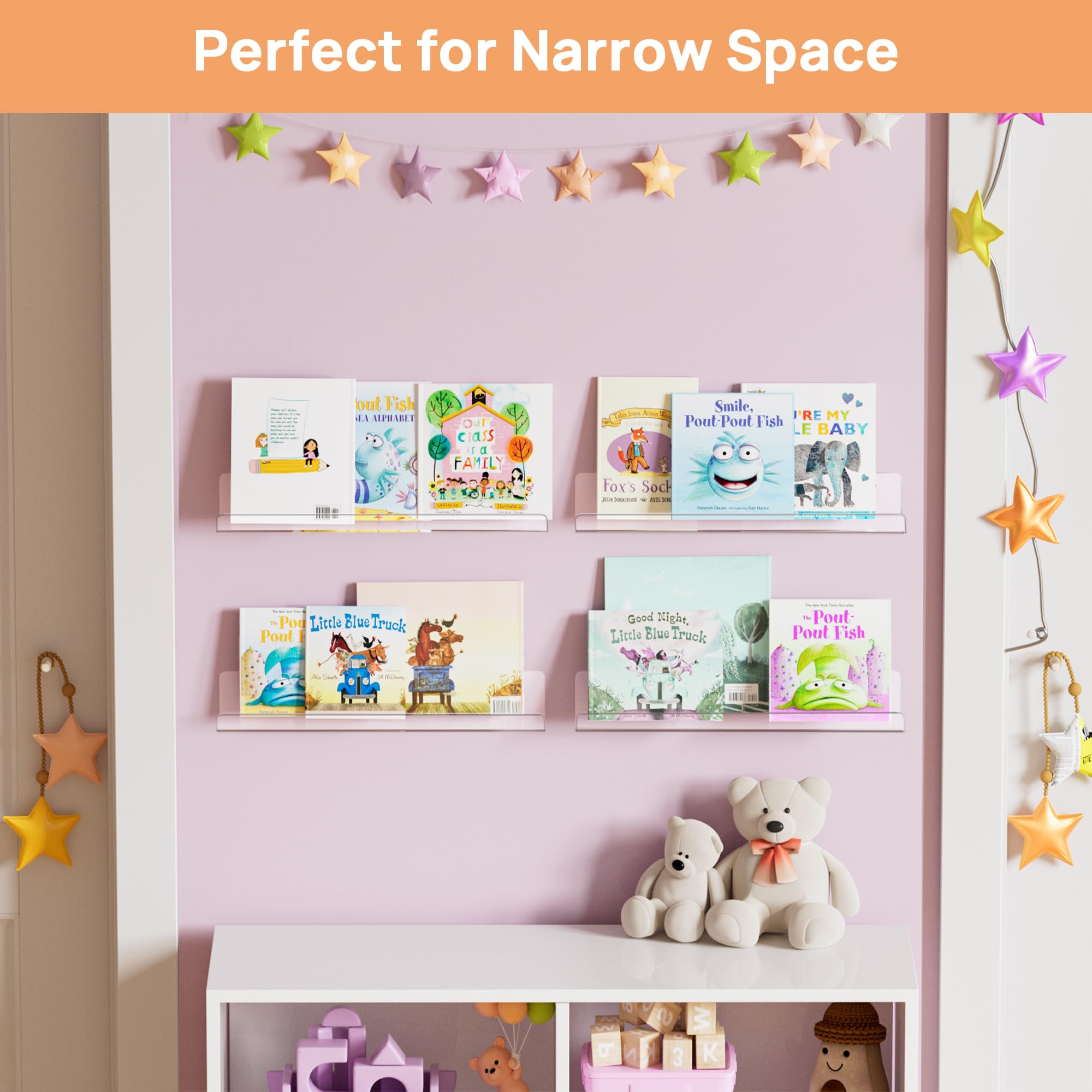 upsimples Clear Acrylic Shelves for Wall Storage, 15" Acrylic Floating Shelves Wall Mounted, Kids Bookshelf, Display Ledge Wall Shelves for Bedroom, Living Room, Bathroom, Kitchen, Set of 4