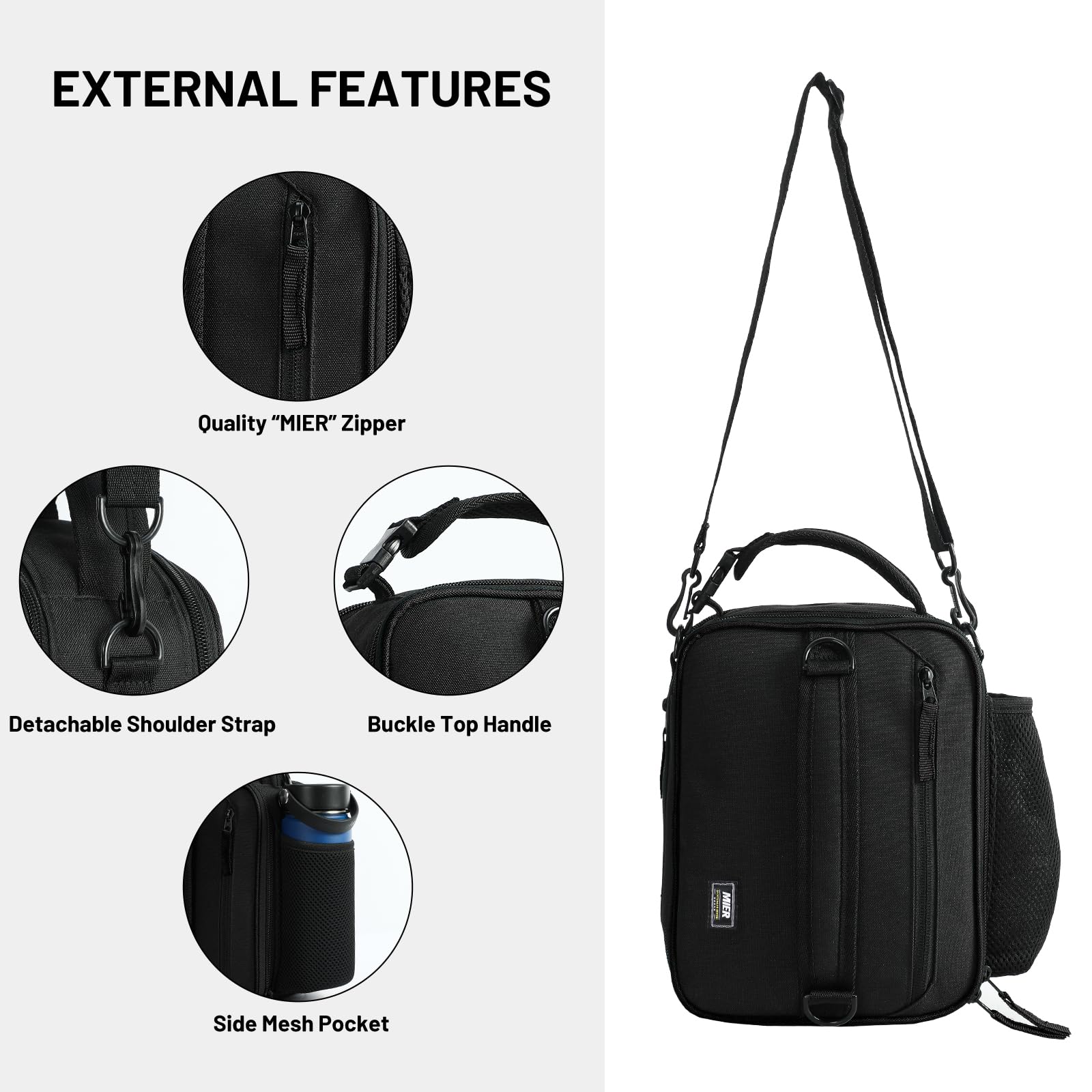 MIER Insulated Lunch Box Bag Expandable Lunch Pack for Men, Women, Without Water Bottle Holder, Black