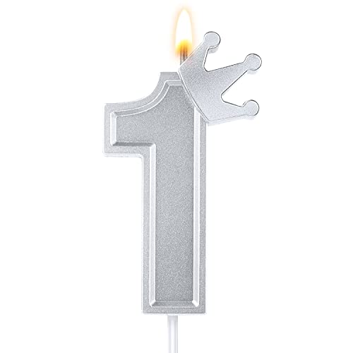 3inch Crown Number Candle, 3D Birthday Number Candle Cake Topper with Crown Cake Numeral Candles Number Candles for Birthday Anniversary Parties (Silver, 1)