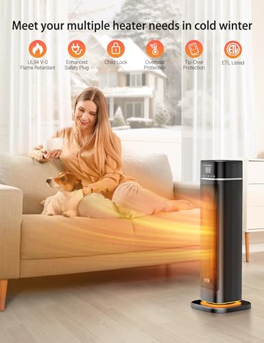 Space Heater,VCK 24" 12ft/s Fast Quiet Heating Portable Electric Heater with Remote, Night Light,80° Oscillation,4 Modes,Overheating&Tip-Over Protection, Ceramic Heater for Bedroom,Office&Indoor Use