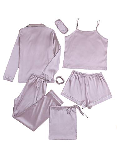 LYANER Women's Pajamas Set 7pcs Silk Satin Sleepwear Loungewear Cami Shirt Pj Set Purple Medium