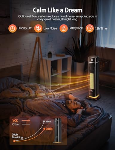 Space Heater,VCK 24" 12ft/s Fast Quiet Heating Portable Electric Heater with Remote, Night Light,80° Oscillation,4 Modes,Overheating&Tip-Over Protection, Ceramic Heater for Bedroom,Office&Indoor Use