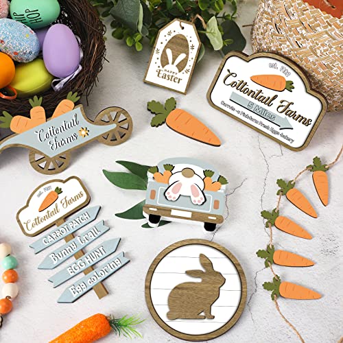 Easter Tiered Tray Decor Spring Table Wooden Sign Decorations Easter Tabletop Farmhouse Signs Carrot Egg Bunny Decor for Easter Party Home Kitchen Holiday (Carrot, 12 Pcs)