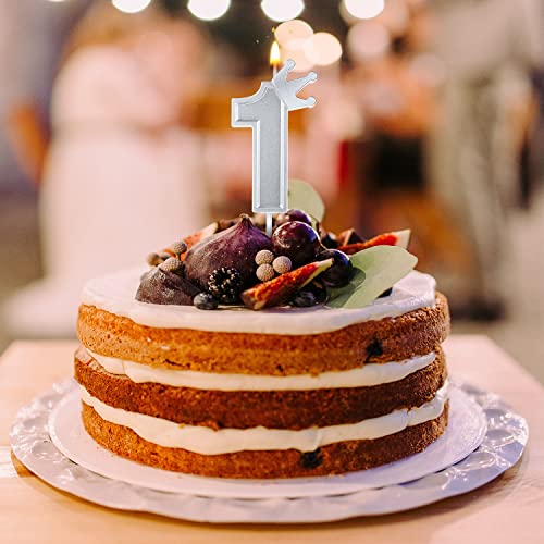 3inch Crown Number Candle, 3D Birthday Number Candle Cake Topper with Crown Cake Numeral Candles Number Candles for Birthday Anniversary Parties (Silver, 1)
