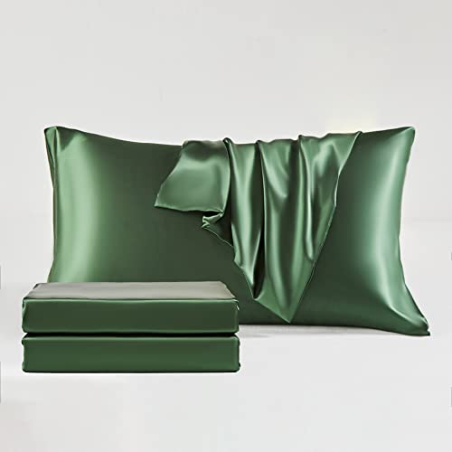 Koreyoshi 4 Pcs Satin Sheets Queen - Silk Silky Super Soft Extra Deep Pocket Queen Sheet Sets - Wrinkle & Fade Free - Deep Pocket Fitted Sheet, Flat Sheet, Pillow Cases (Queen, Olive Green)