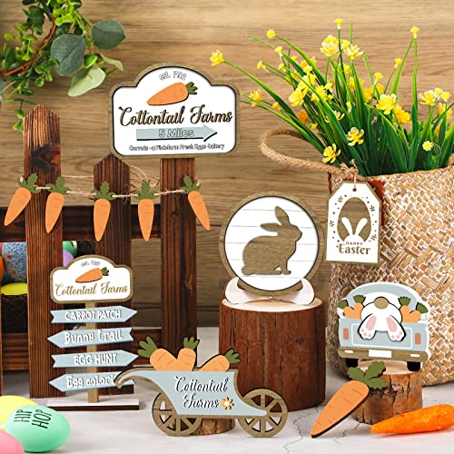 Easter Tiered Tray Decor Spring Table Wooden Sign Decorations Easter Tabletop Farmhouse Signs Carrot Egg Bunny Decor for Easter Party Home Kitchen Holiday (Carrot, 12 Pcs)