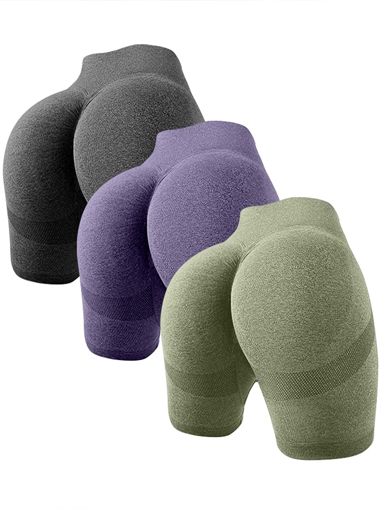 OQQ Women's 3 Piece Butt Lifting Yoga Workout High Waist Tummy Control Ruched Booty Pants Shorts, Grey,purple,avocadogreen, Large