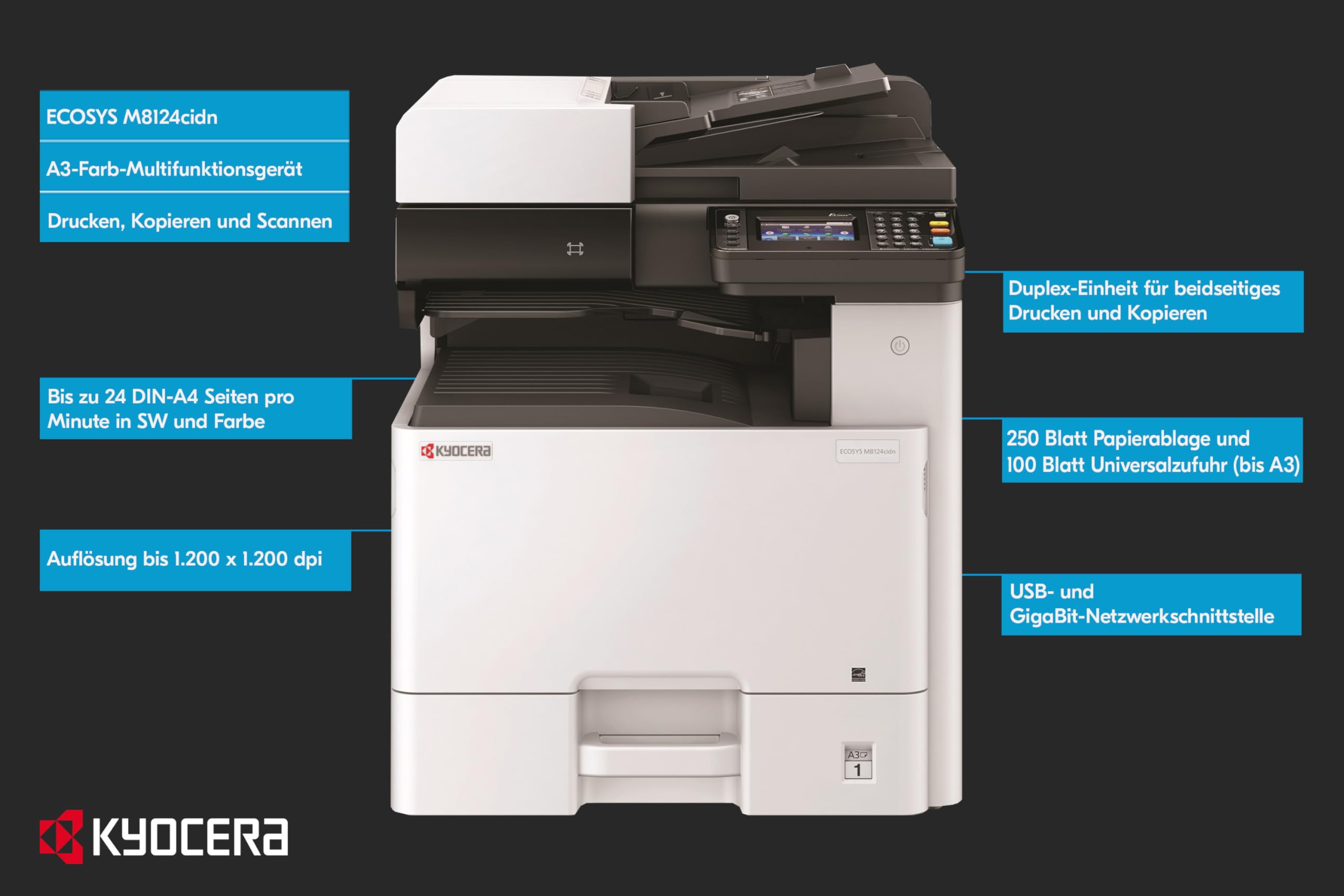 Kyocera 1102P42US0 Model ECOSYS M8124cidn Color A3 MFP Multi-Function Laser Printer (Print/Scan/Copy/Fax), 24 ppm Color, Resolution 600 x 600 dpi Up To Fine 1200 x 1200 dpi, Duplex, HyPAS Capable