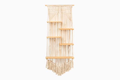 Macrame Wall Hanging Plant Decor Shelf, Tall Ladder Shelf, 5 Tier Indoor Handmade Plant Shelves, Large Boho White Beige Hanging Floating Hand Woven Rope for Bedroom, Bookshelf (60" H x 24" W)