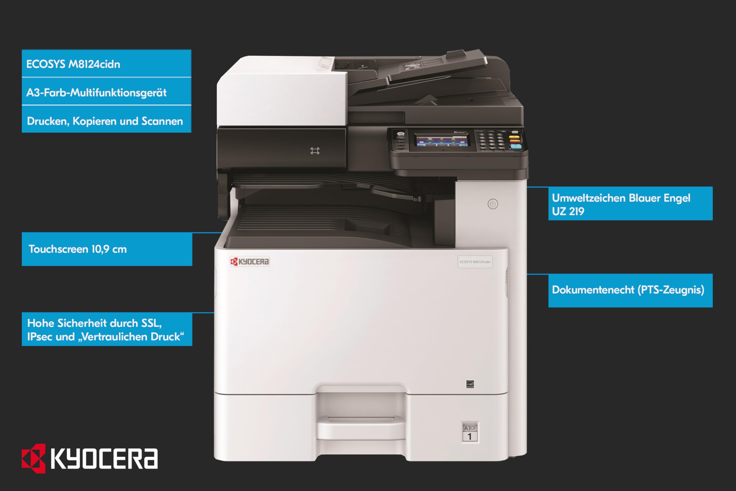Kyocera 1102P42US0 Model ECOSYS M8124cidn Color A3 MFP Multi-Function Laser Printer (Print/Scan/Copy/Fax), 24 ppm Color, Resolution 600 x 600 dpi Up To Fine 1200 x 1200 dpi, Duplex, HyPAS Capable