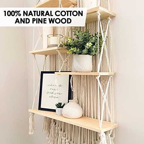 Macrame Wall Hanging Plant Decor Shelf, Tall Ladder Shelf, 5 Tier Indoor Handmade Plant Shelves, Large Boho White Beige Hanging Floating Hand Woven Rope for Bedroom, Bookshelf (60" H x 24" W)