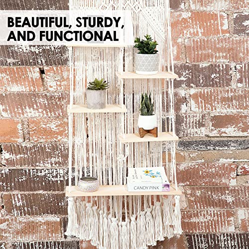 Macrame Wall Hanging Plant Decor Shelf, Tall Ladder Shelf, 5 Tier Indoor Handmade Plant Shelves, Large Boho White Beige Hanging Floating Hand Woven Rope for Bedroom, Bookshelf (60" H x 24" W)
