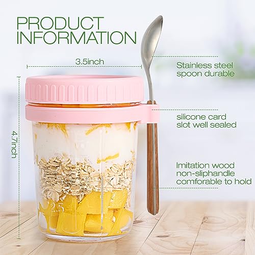 Hoa Kinh Overnight Oat Containers with Lids and Spoon 16oz 4Pack Glass Mason Jars for Overnight Oats, Cereal, Milk, Vegetable and Fruit Salad, Airtight Jars with Two Measurement Marks(4 Colors)